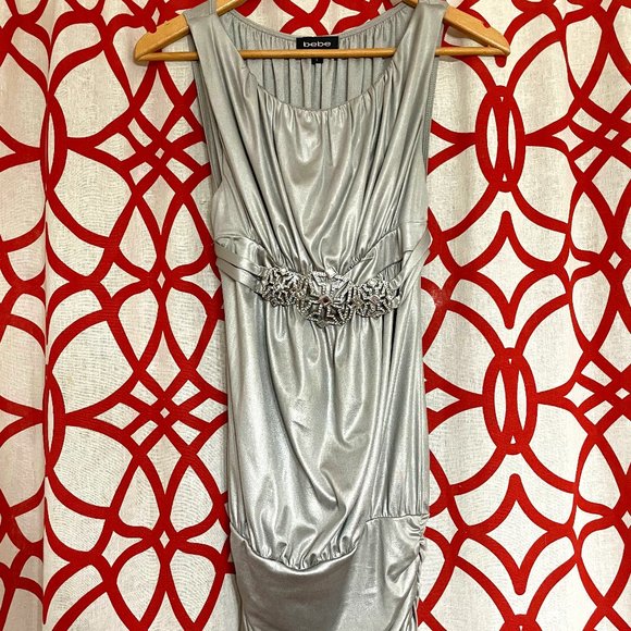 bebe | Dresses | Silver Metallic Bebe Mini Dress With Accent Belt ...